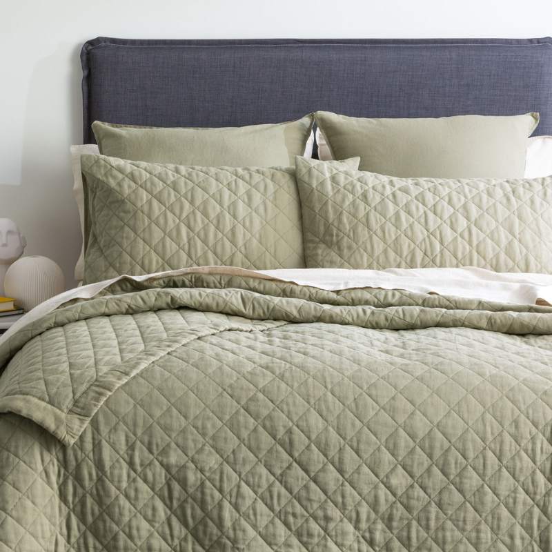 Renee Taylor Cavallo Stone Washed French Linen Quilted Jade Coverlet ...
